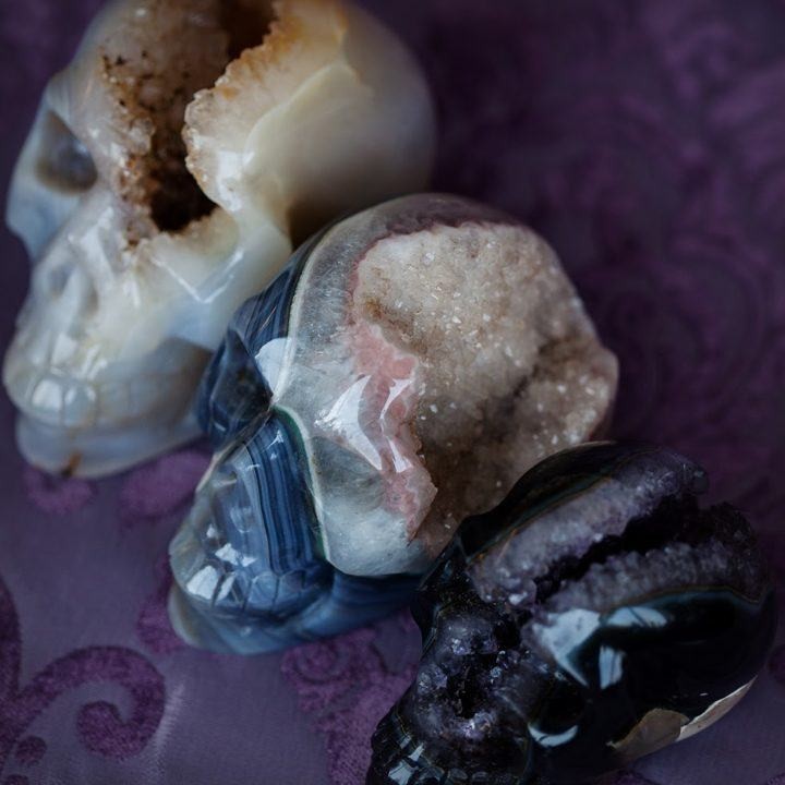 Druzy agate geode skulls for Earthy protection and accessing ancient wisdom