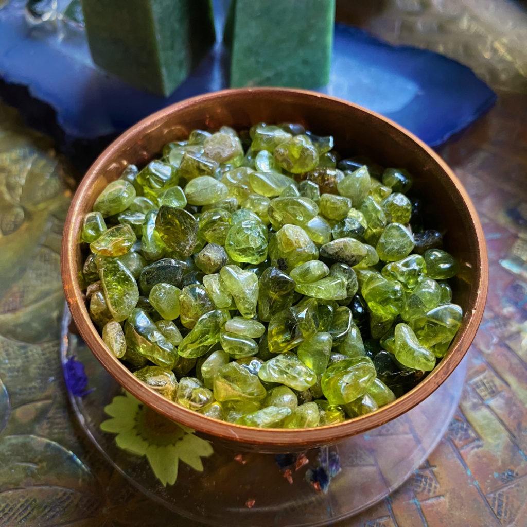 Tumbled Peridot for luck, bounty, and integrating love and will