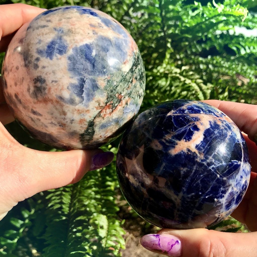 Sunset Sodalite Spheres with Rose Quartz Sphere Stand