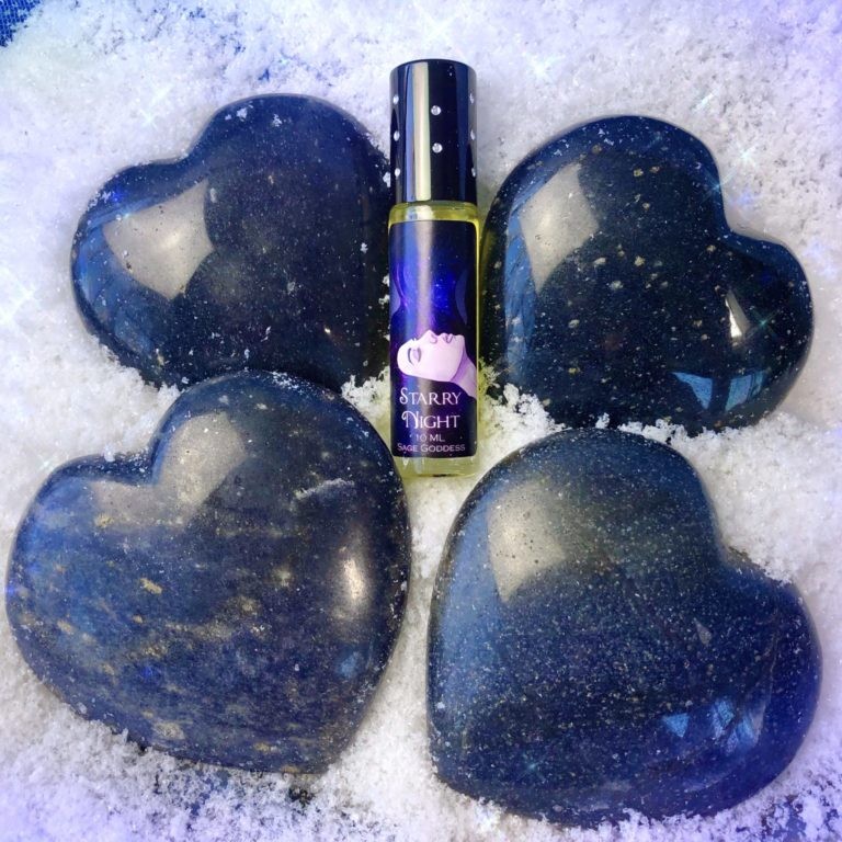 Starry Night Dumortierite in Quartz Hearts with New Starry Night Perfume