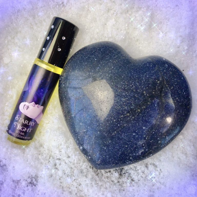 Starry Night Dumortierite in Quartz Hearts with New Starry Night Perfume