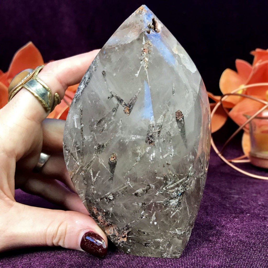 Gemstone Sale: Smoky Quartz Flame with Green Tourmaline and Mica Inclusions