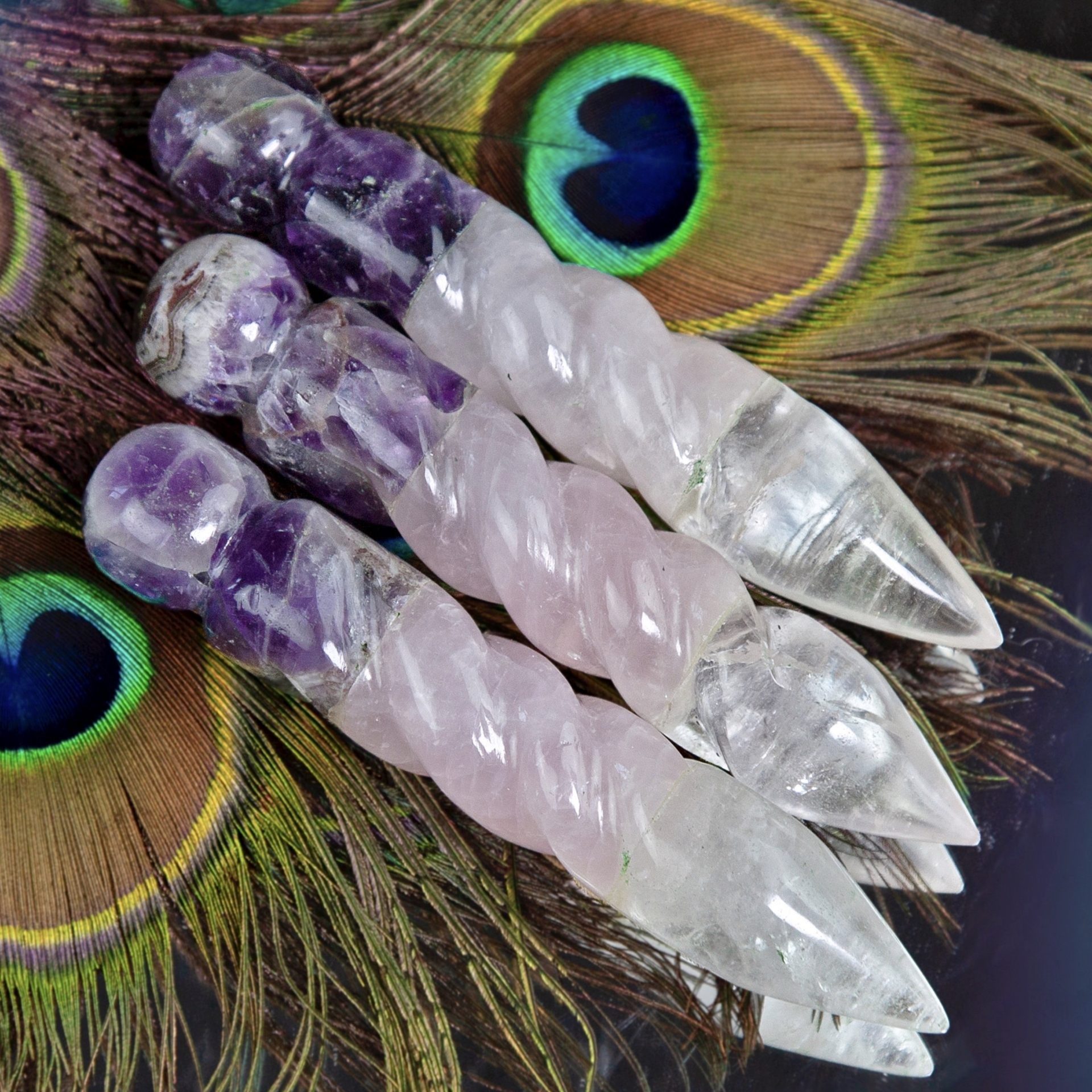 Peace and Love and Power Wands with Amethyst, Rose Quartz, and Clear Quartz