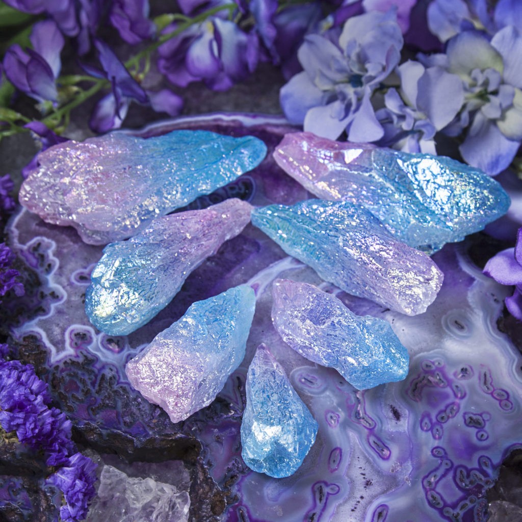 Blue and Pink Aura Quartz Points for communication and compassion