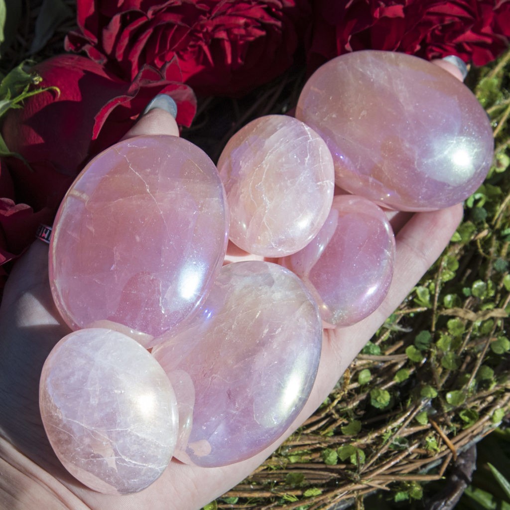 Angel Aura Rose Quartz Palm Stone for heart healing and love manifesting