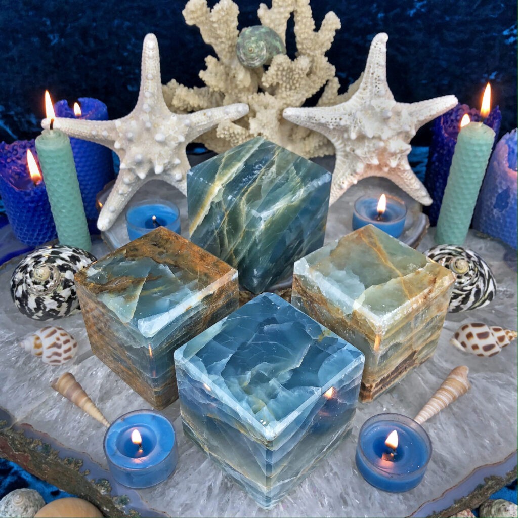 Lemurian Blue Calcite Emotional Healing Cube for water element magic