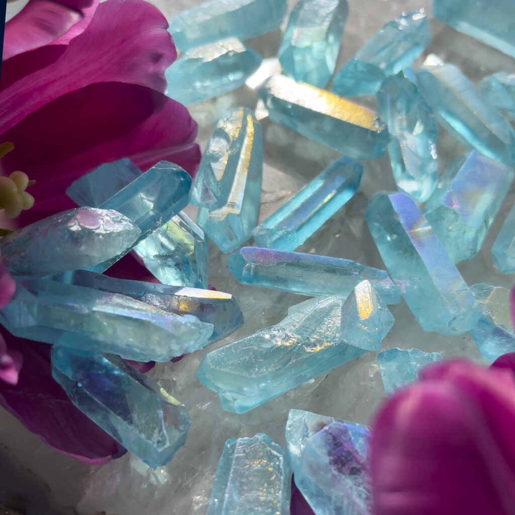 Sage Goddess Aqua Aura Quartz Point for wisdom and serenity