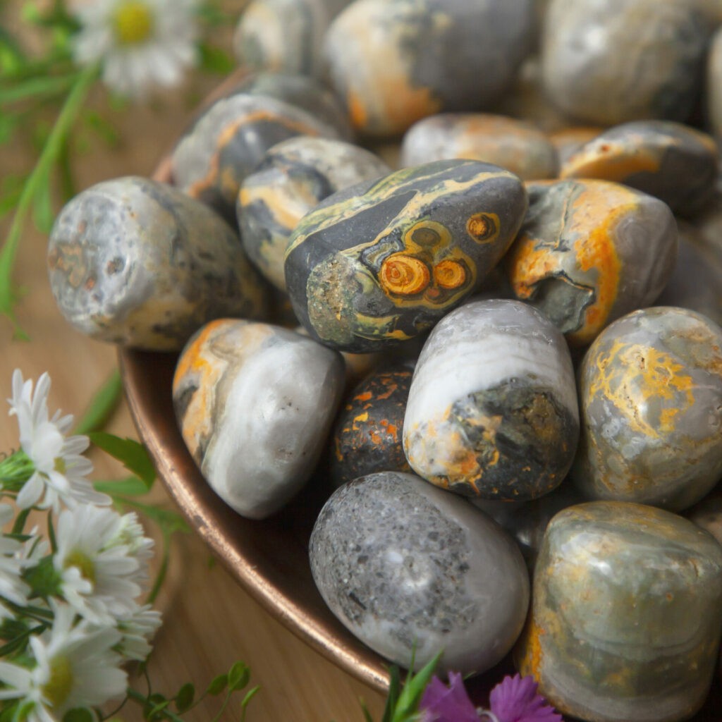 Sage Goddess Tumbled Bumblebee Jasper for creativity, will, and zest