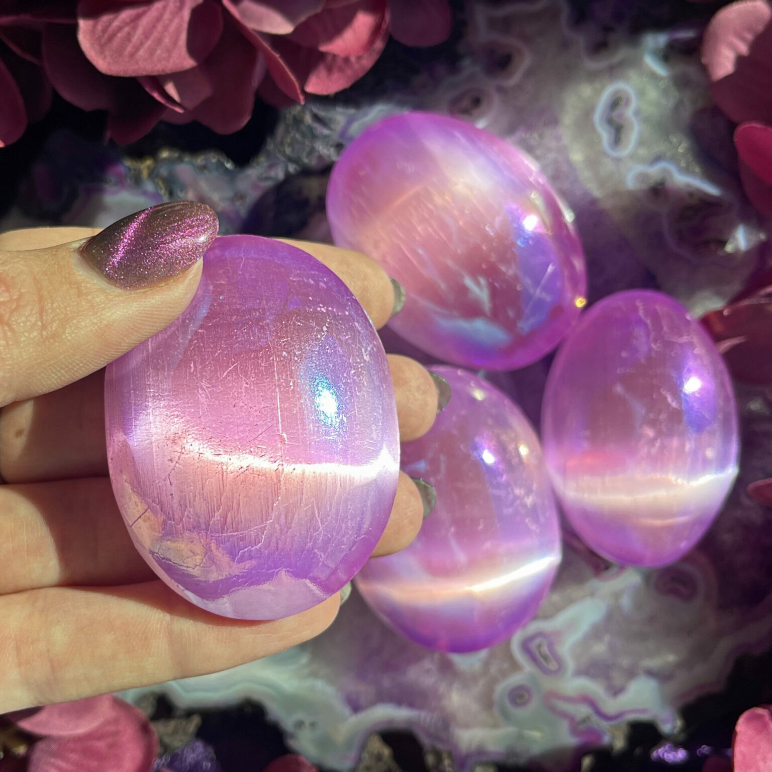 Sage Goddess Peaceful Purple Aura Selenite Palm Stone for serenity