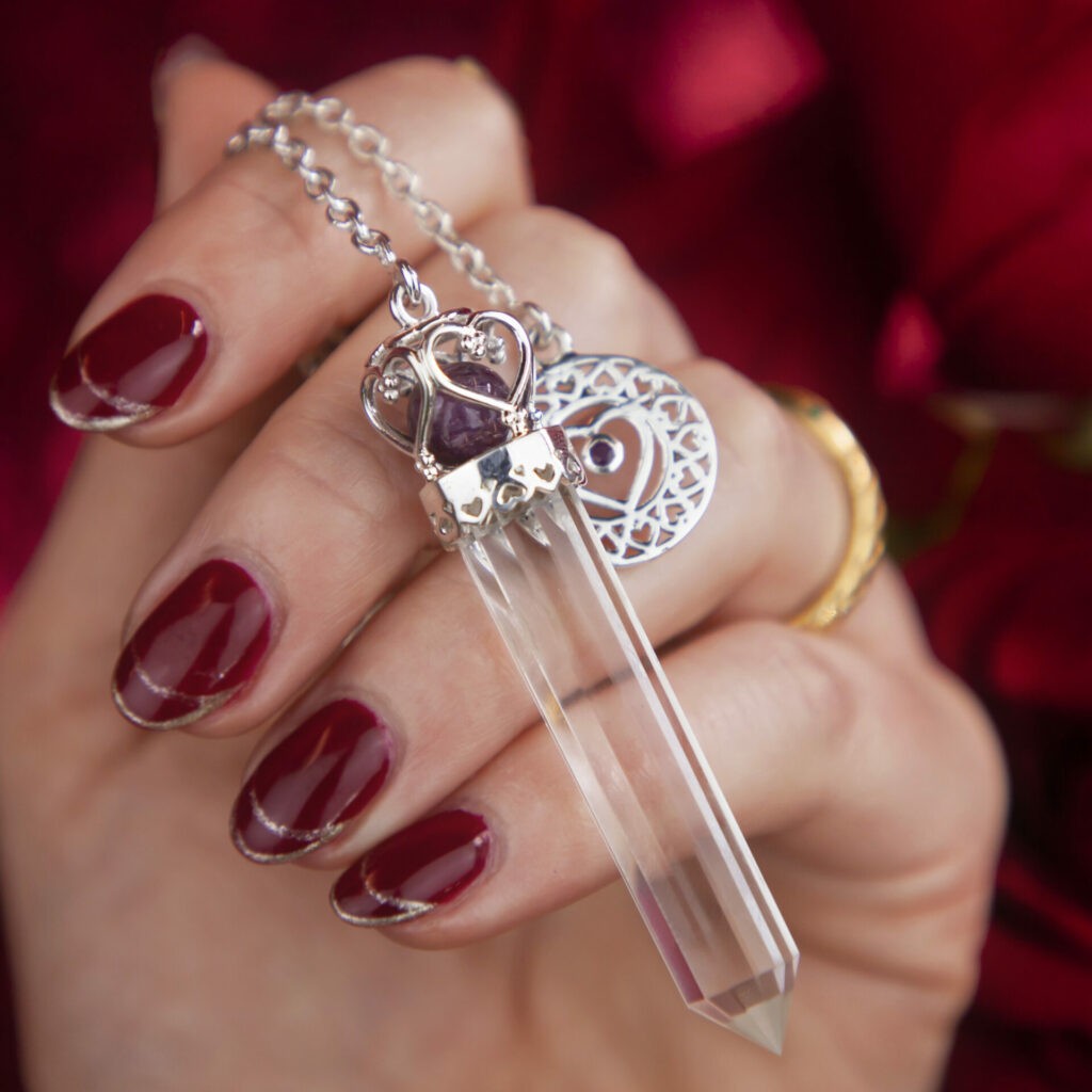 Sage Goddess Queen of Hearts Clear Quartz and Ruby Pendulum