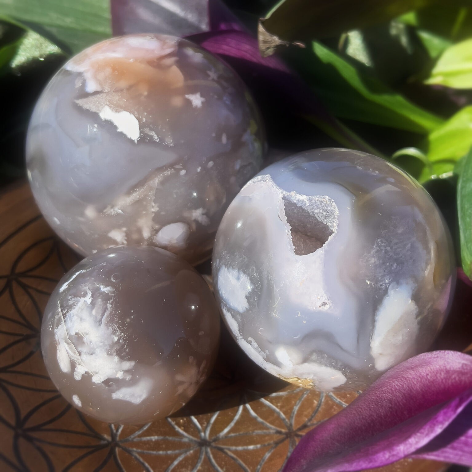 Sage Goddess Dark Flower Agate Sphere for peace and grounding
