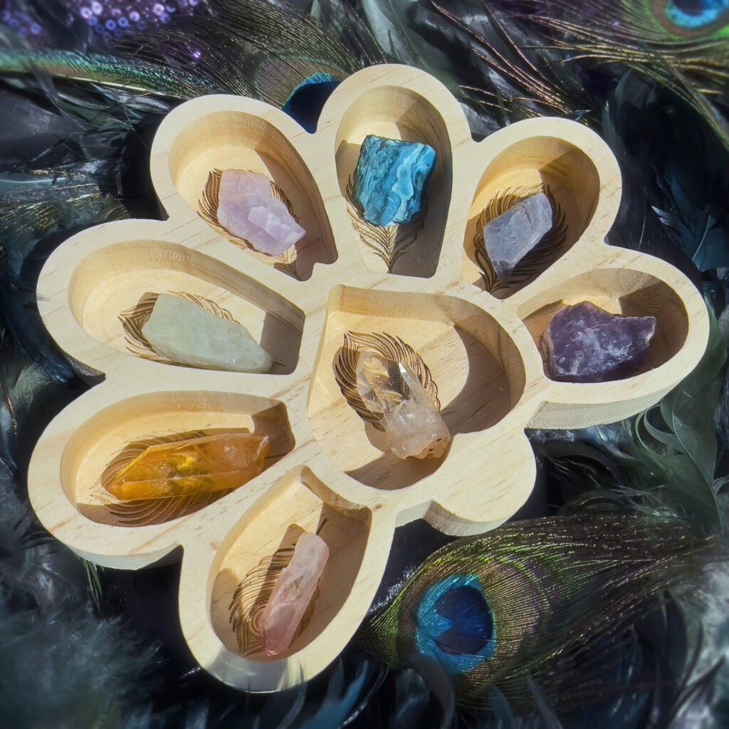 Sage Goddess Peacock Tray with 7-Chakra Gem Set for energetic balance