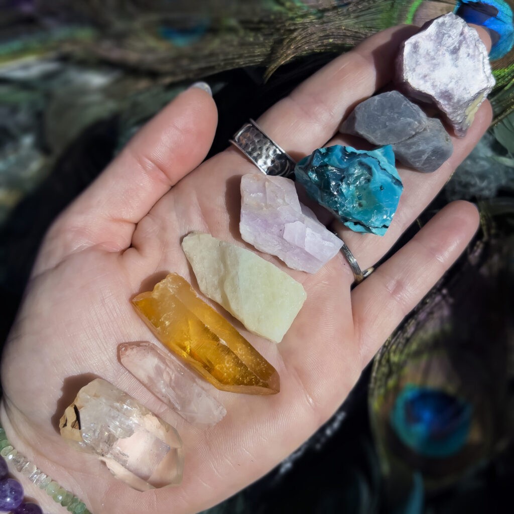 Sage Goddess Peacock Tray with 7-Chakra Gem Set for energetic balance