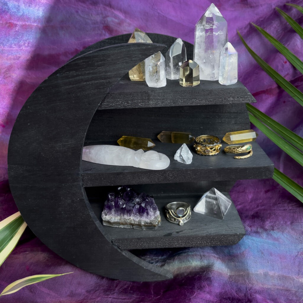 Sage Goddess Wooden Moon Crystal Specimen Shelf for lunar magic