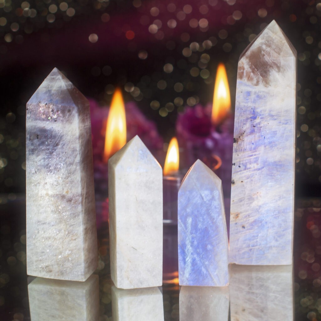Sage Goddess Blue Flash Moonstone Obelisk for healing lunar magic
