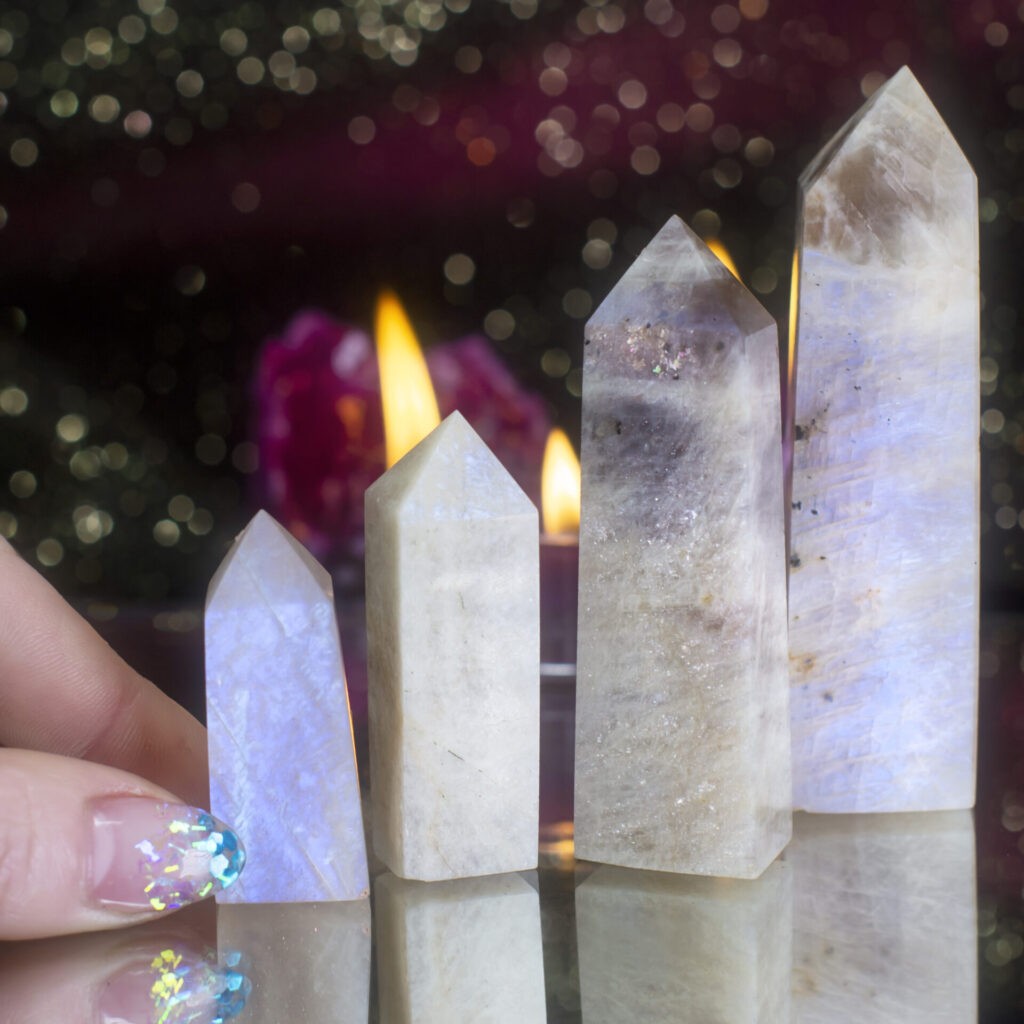 Sage Goddess Blue Flash Moonstone Obelisk for healing lunar magic