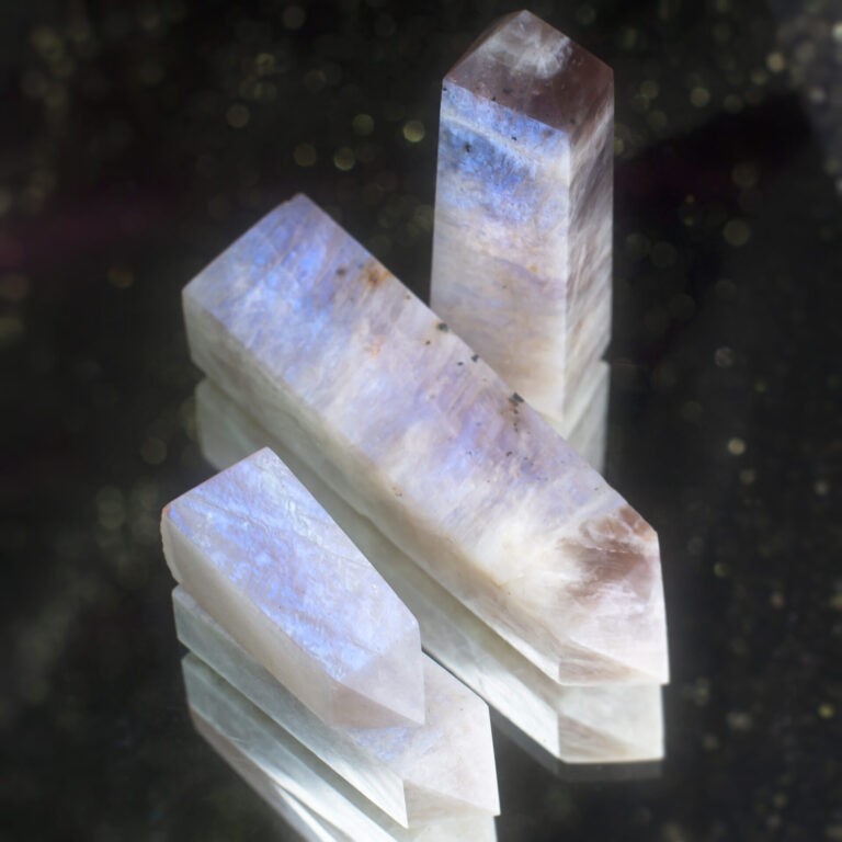 Sage Goddess Blue Flash Moonstone Obelisk for healing lunar magic