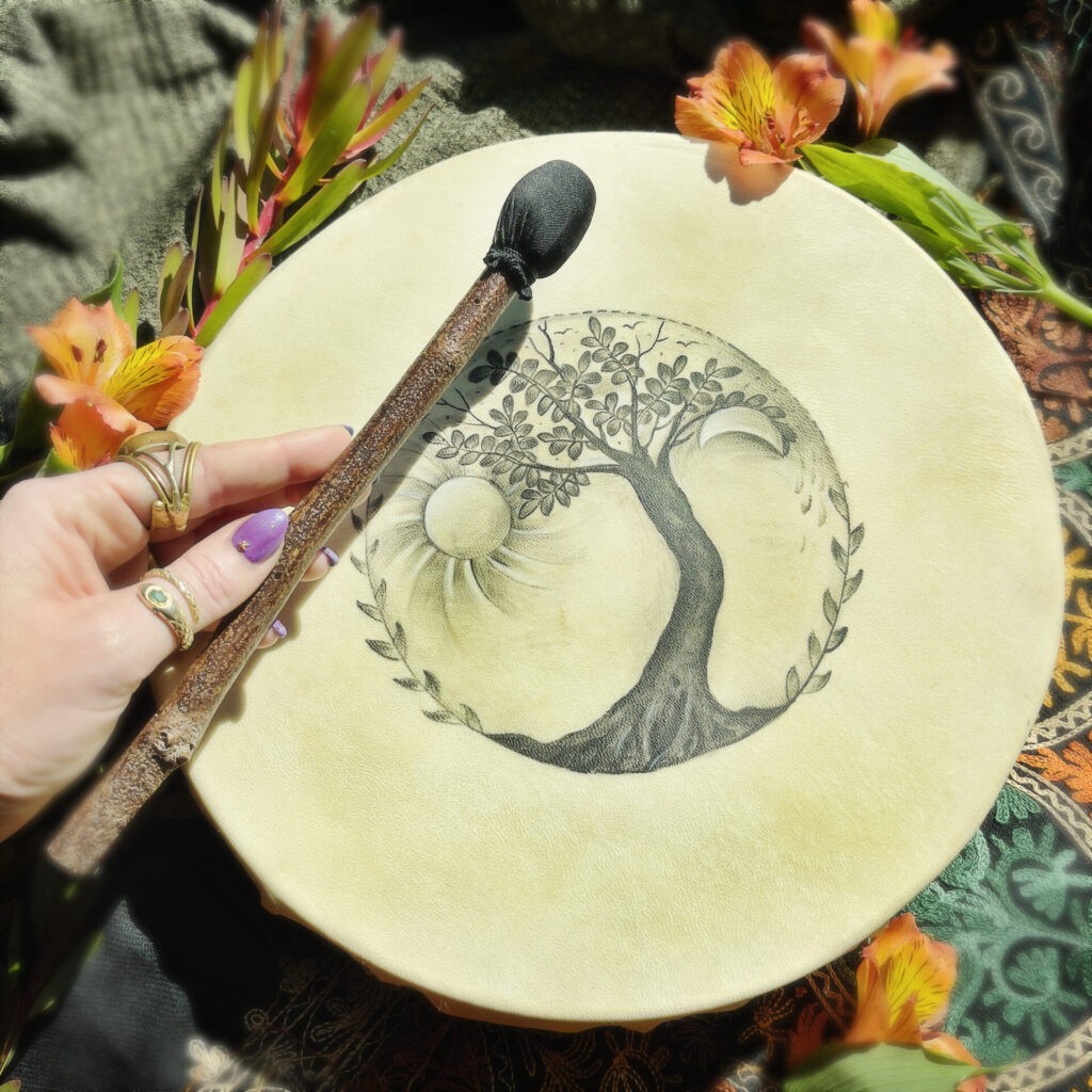Sage Goddess Handpainted Sun, Moon, and Tree Shaman Drum for ritual