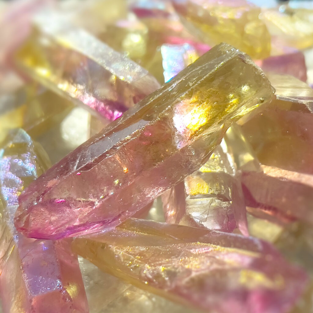 Sage Goddess Yellow and Fuchsia Aura Quartz Point for love and joy