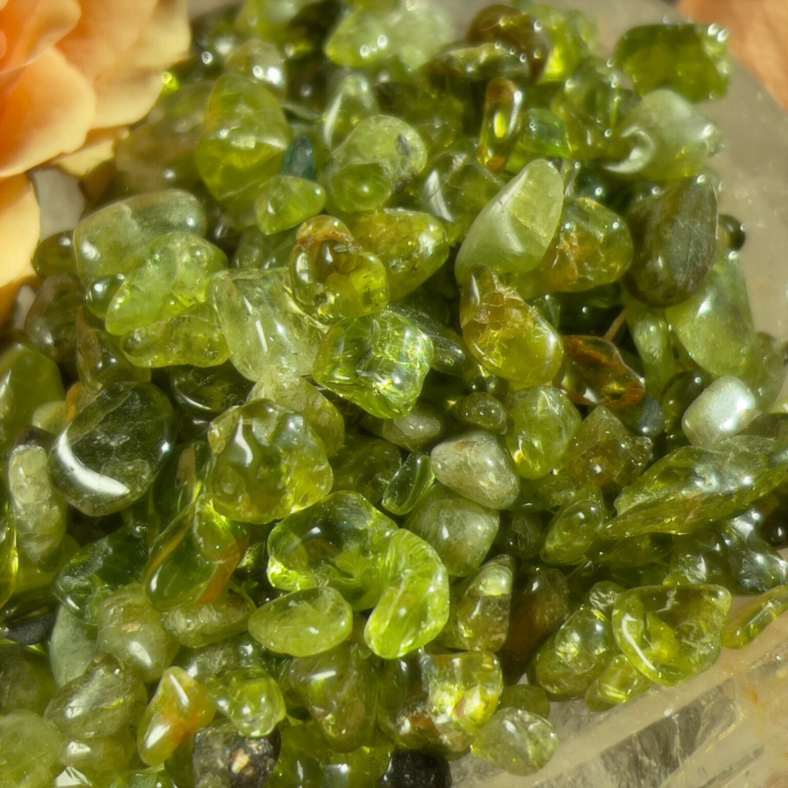 Sage Goddess Tumbled Peridot Chip Stones for good luck and prosperity
