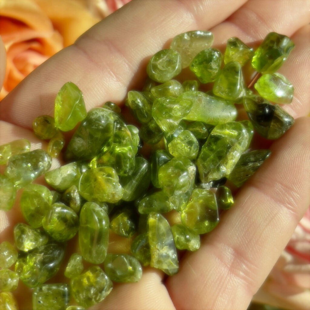 Sage Goddess Tumbled Peridot Chip Stones for good luck and prosperity