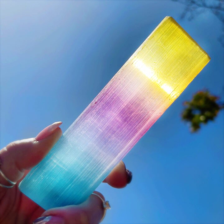 Blue, Pink, and Yellow Aura Selenite Wand
