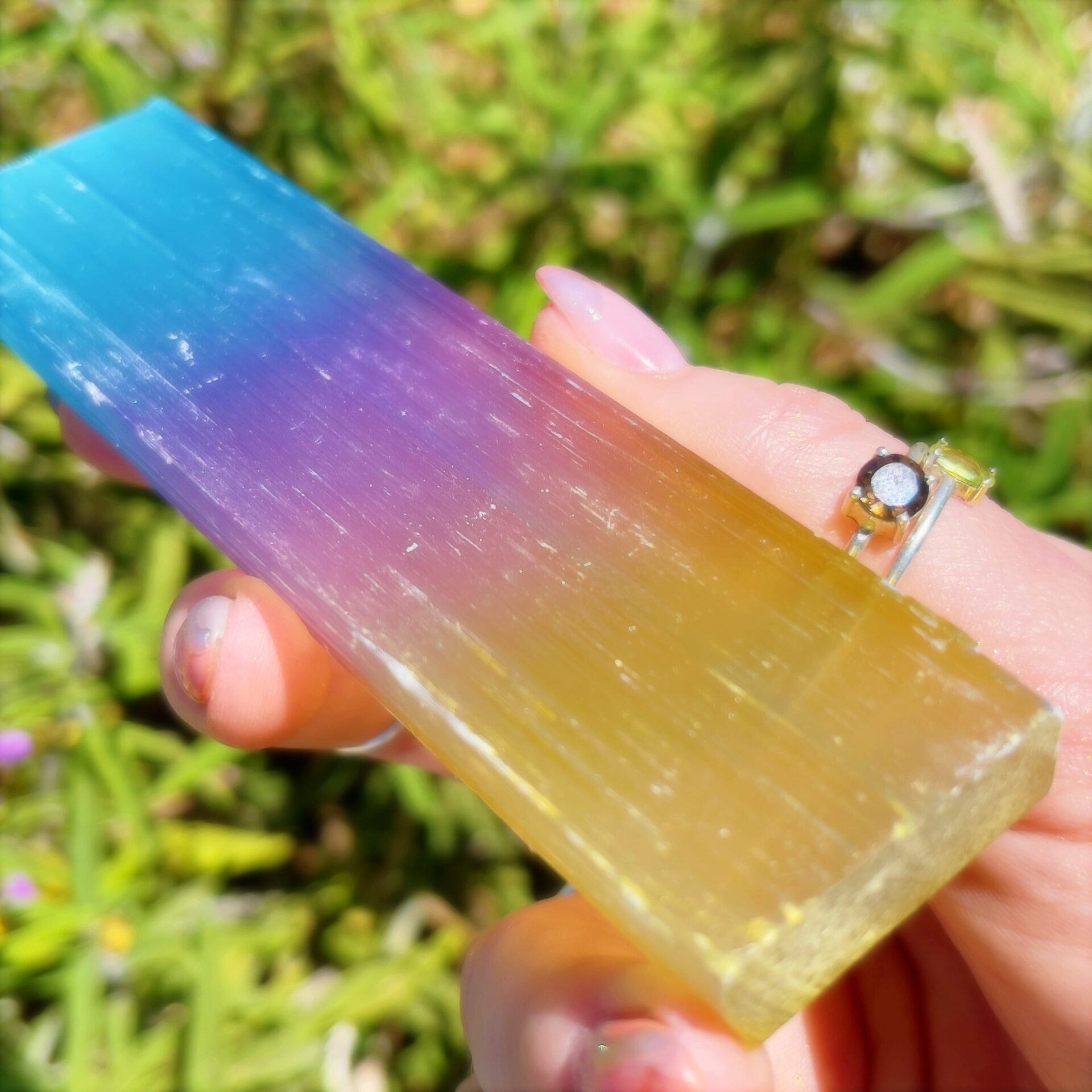 Sage Goddess Blue, Pink, and Yellow Aura Selenite Wand for moon magic
