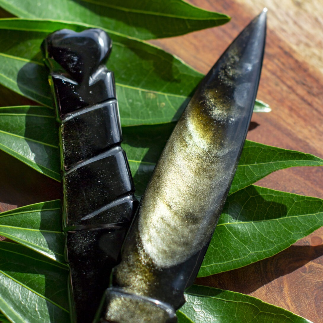 Sage Goddess Heart-Handled Golden Sheen Obsidian Athame