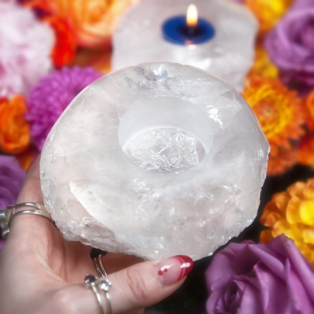 Sage Goddess Magnifying Clear Quartz Tea Light Holder for amplifying