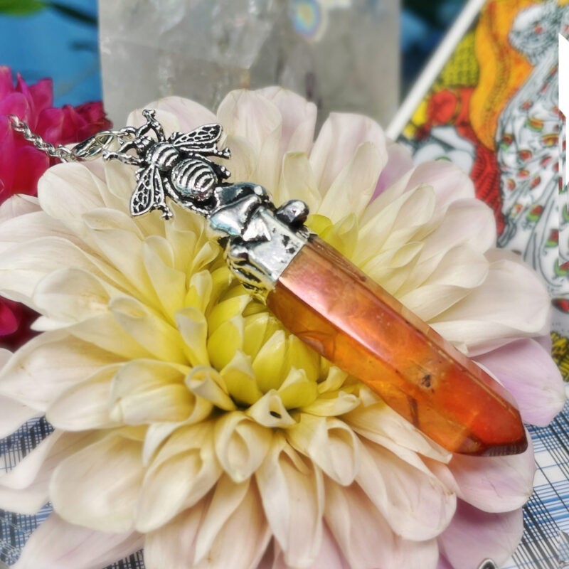 Sage Goddess Bee Positive Pendulum with Golden Aura Quartz Point