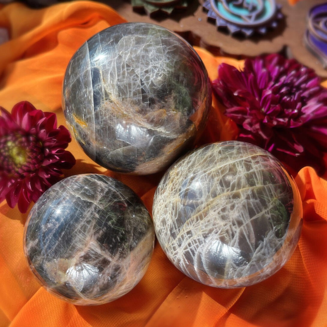 Sage Goddess Intention Setting Black Moonstone Sphere for visioning