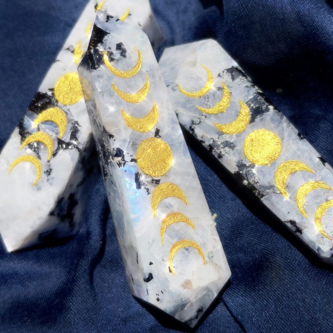 Double Terminated Rainbow Moonstone Moon Phase Wand - Sage Goddess