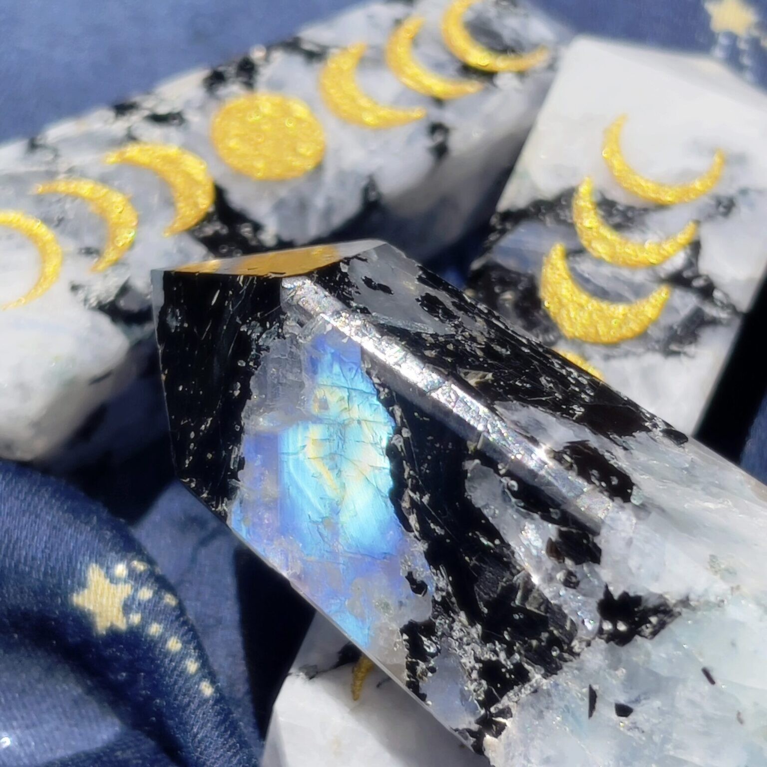 Double Terminated Rainbow Moonstone Moon Phase Wand - Sage Goddess