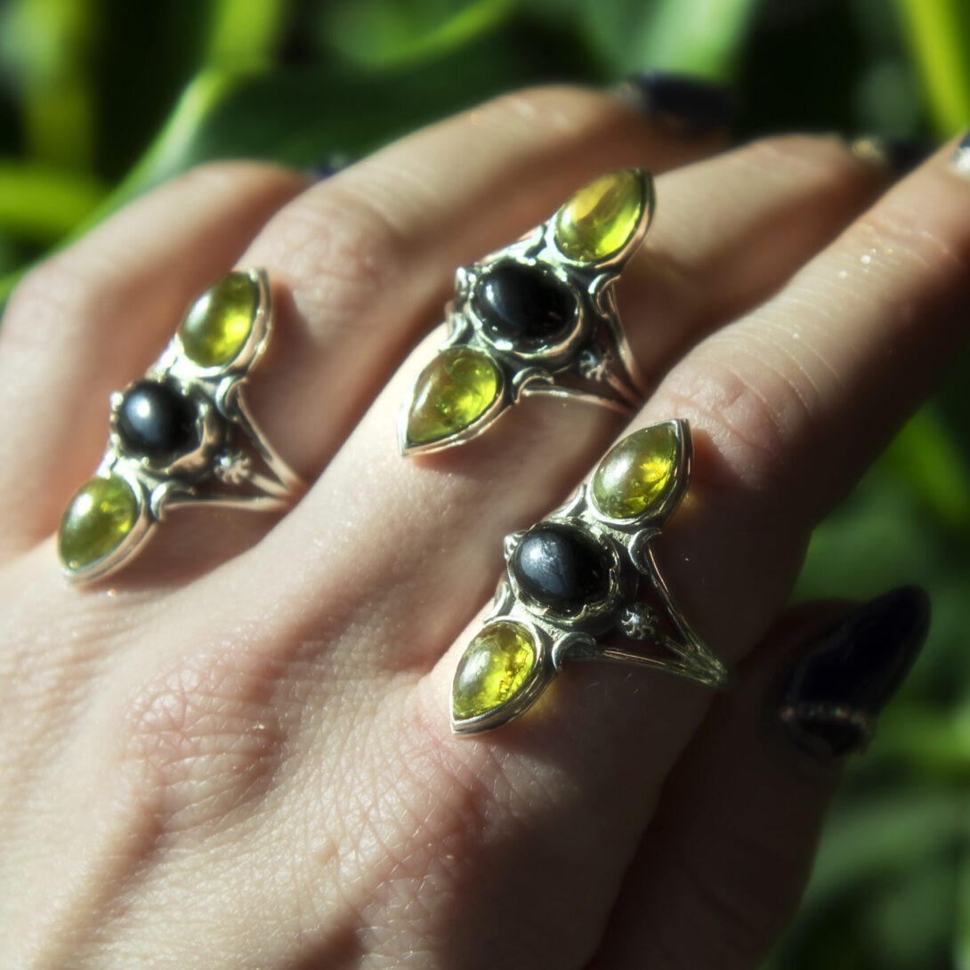 Sage Goddess Black Spinel and Peridot Vajra Ring for self-actualization