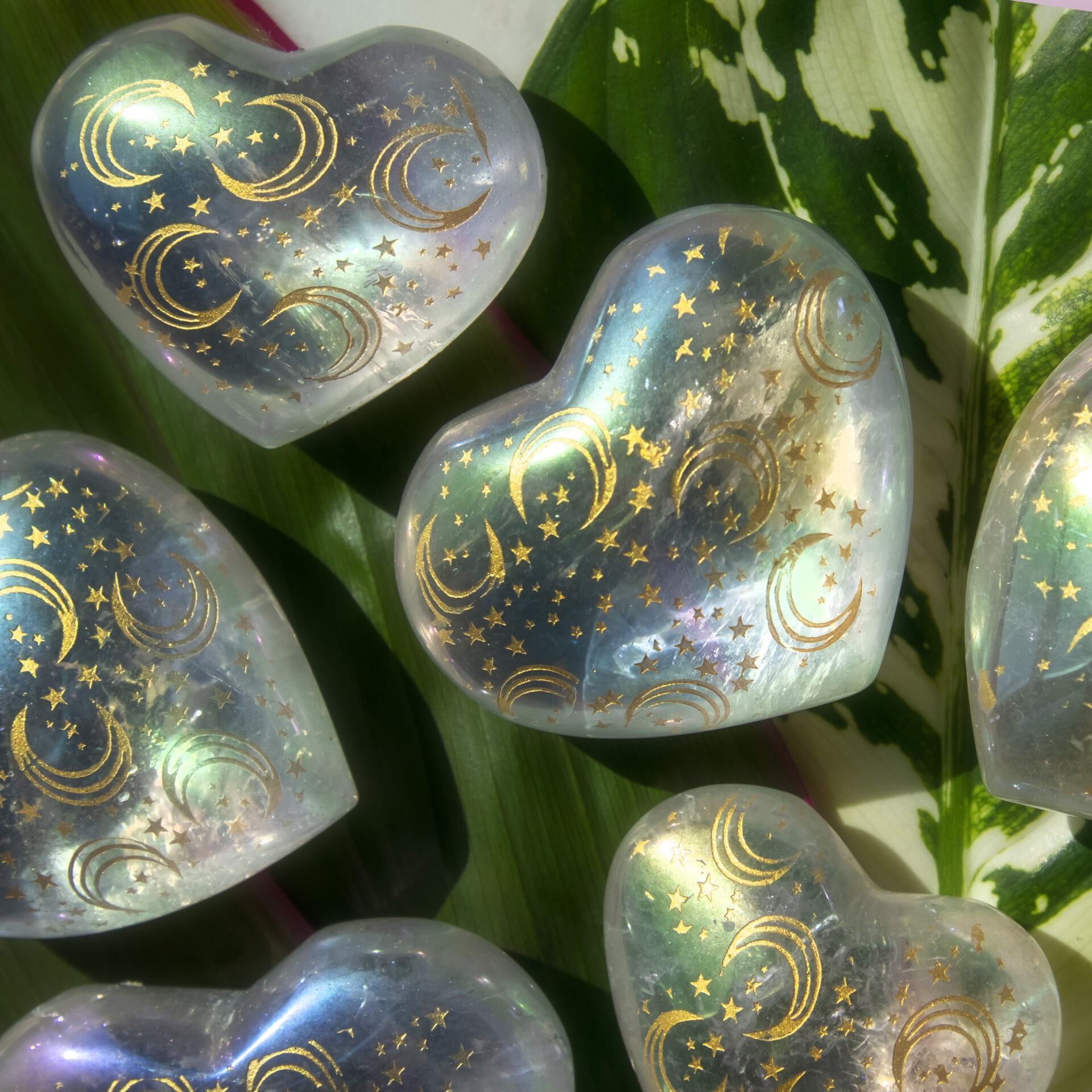 Sage Goddess Moon and Star Engraved Angel Aura Quartz Heart