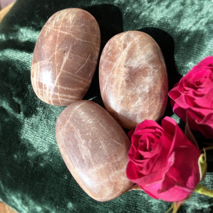 Sage Goddess Peach Moonstone with Sunstone Palm Stone for creativity