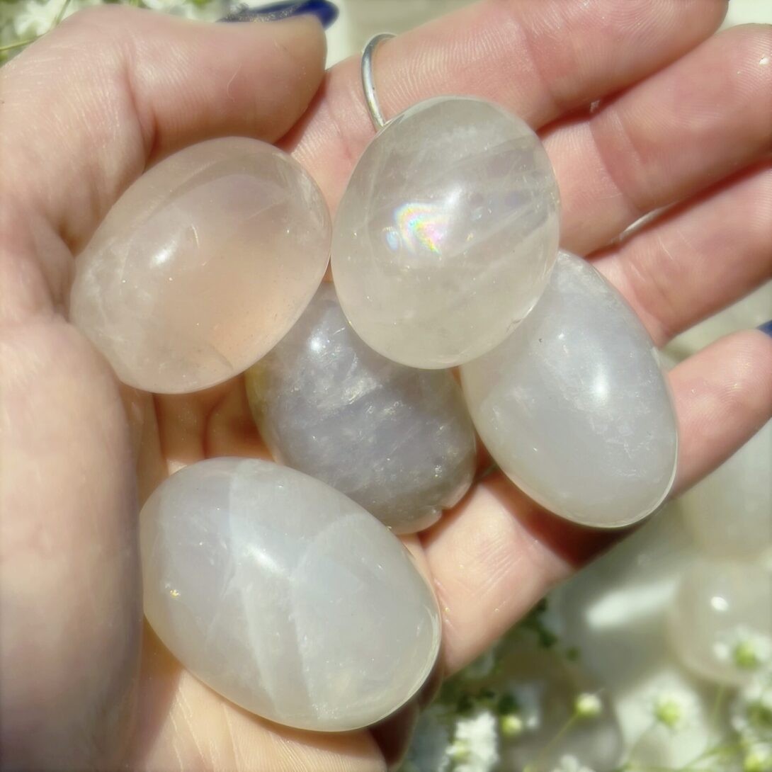 Sage Goddess Tumbled Blue Rose Quartz for heart healing and peace