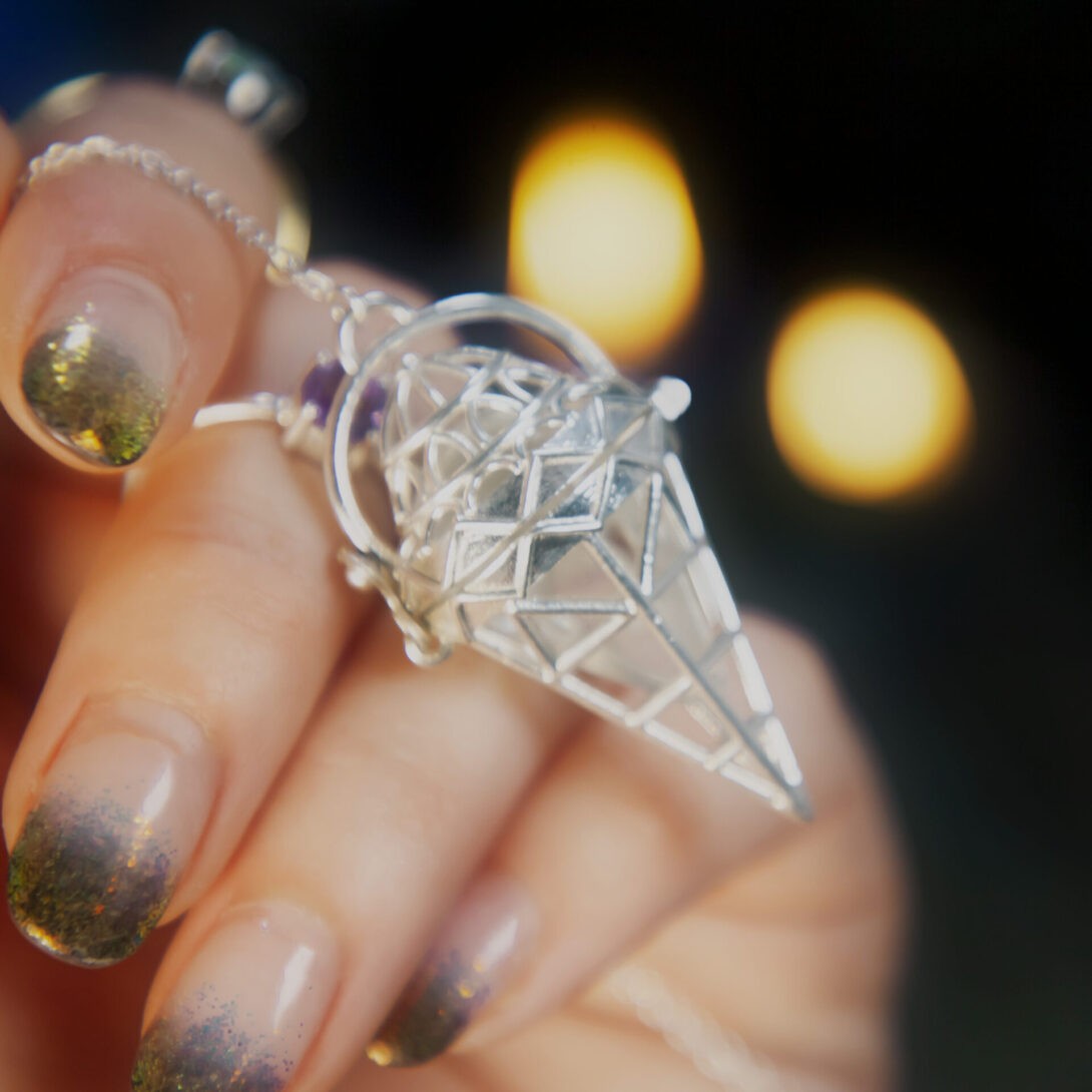 Sage Goddess Caged Crystal Pendulum with Blue Sapphire Accents