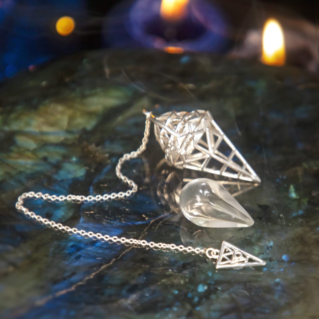 Sage Goddess Caged Crystal Pendulum with Blue Sapphire Accents