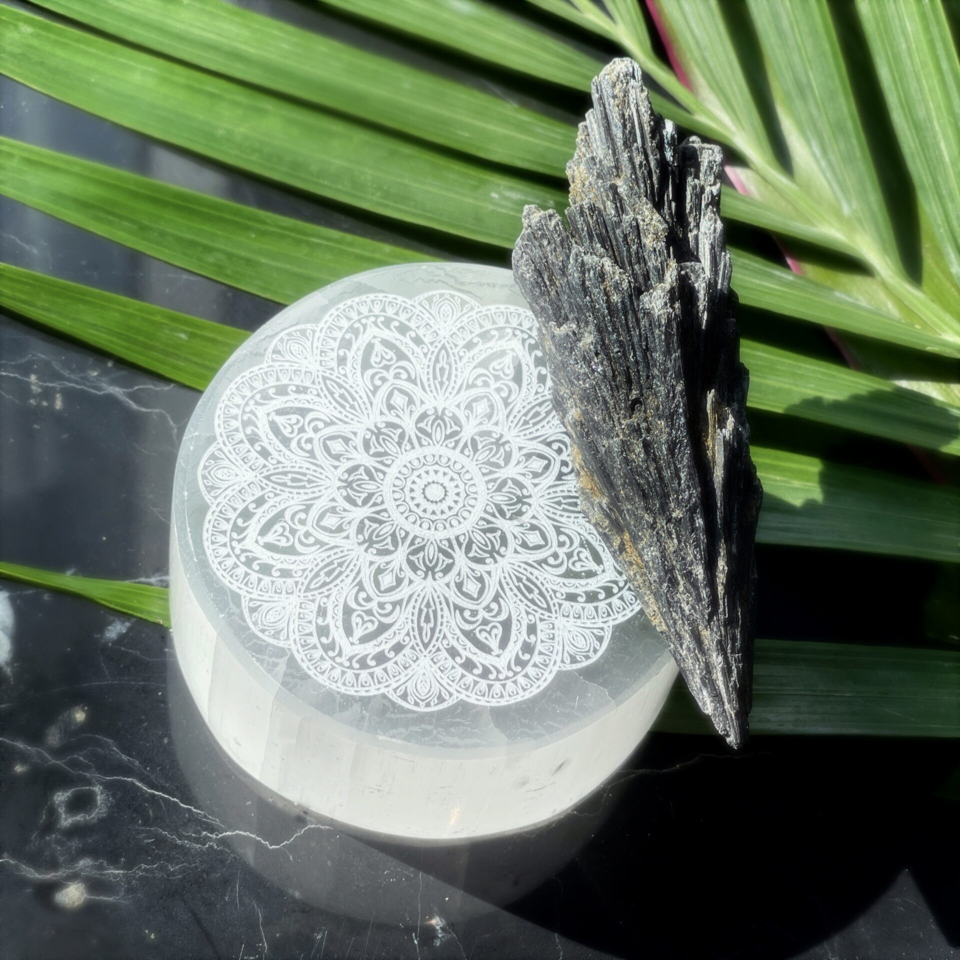 Selenite_tarot_charging_plate_with_black_kyanite_spear_1of3