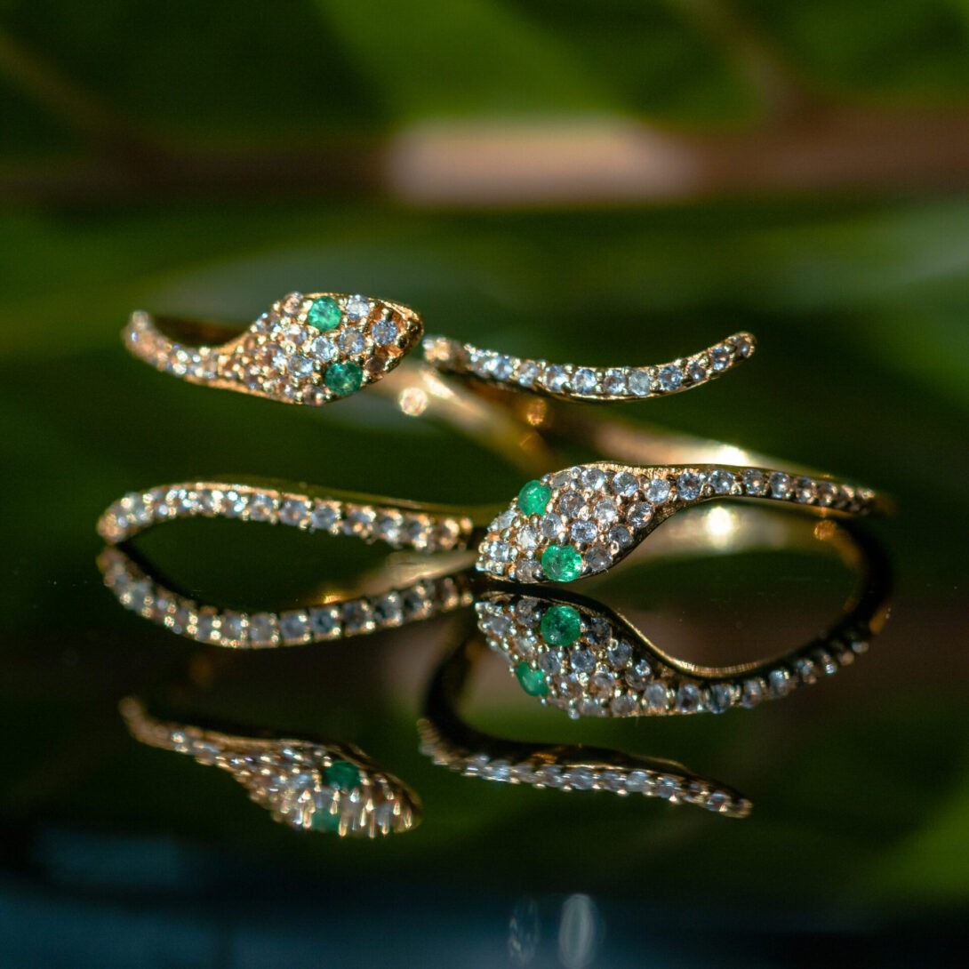 Sage Goddess White Topaz and Emerald Snake Empowerment Ring