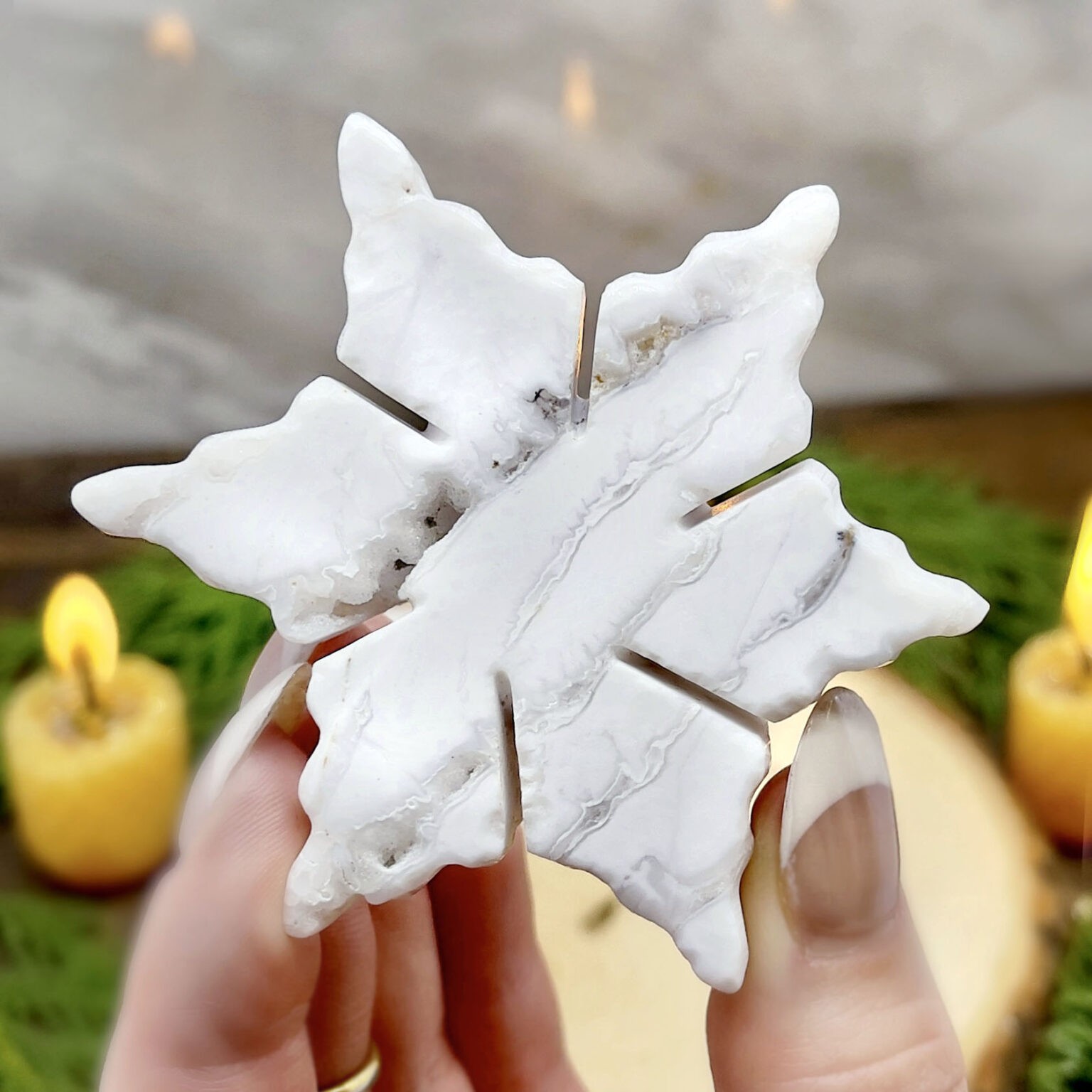 Sage Goddess Yule Harmony White Agate Snowflake for holiday decor