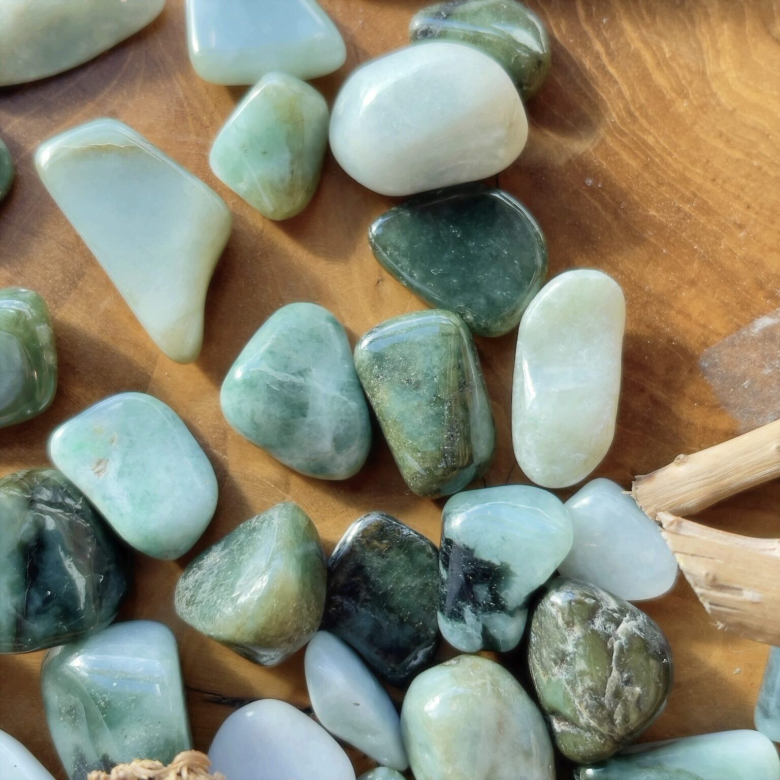 Sage Goddess Tumbled Jade for prosperity, abundance, and wisdom