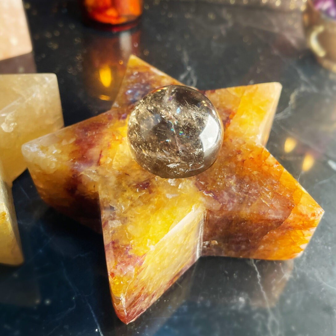 Smoky Quartz Sphere with Sunset Quartz Star Sphere Stand