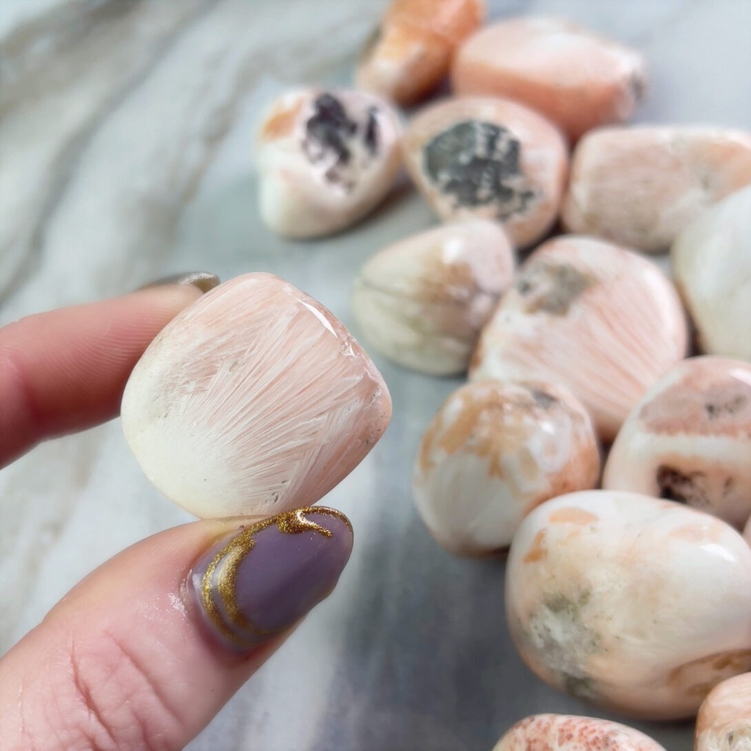 Sage Goddess Tumbled Scolecite with Peach Stilbite for ascension