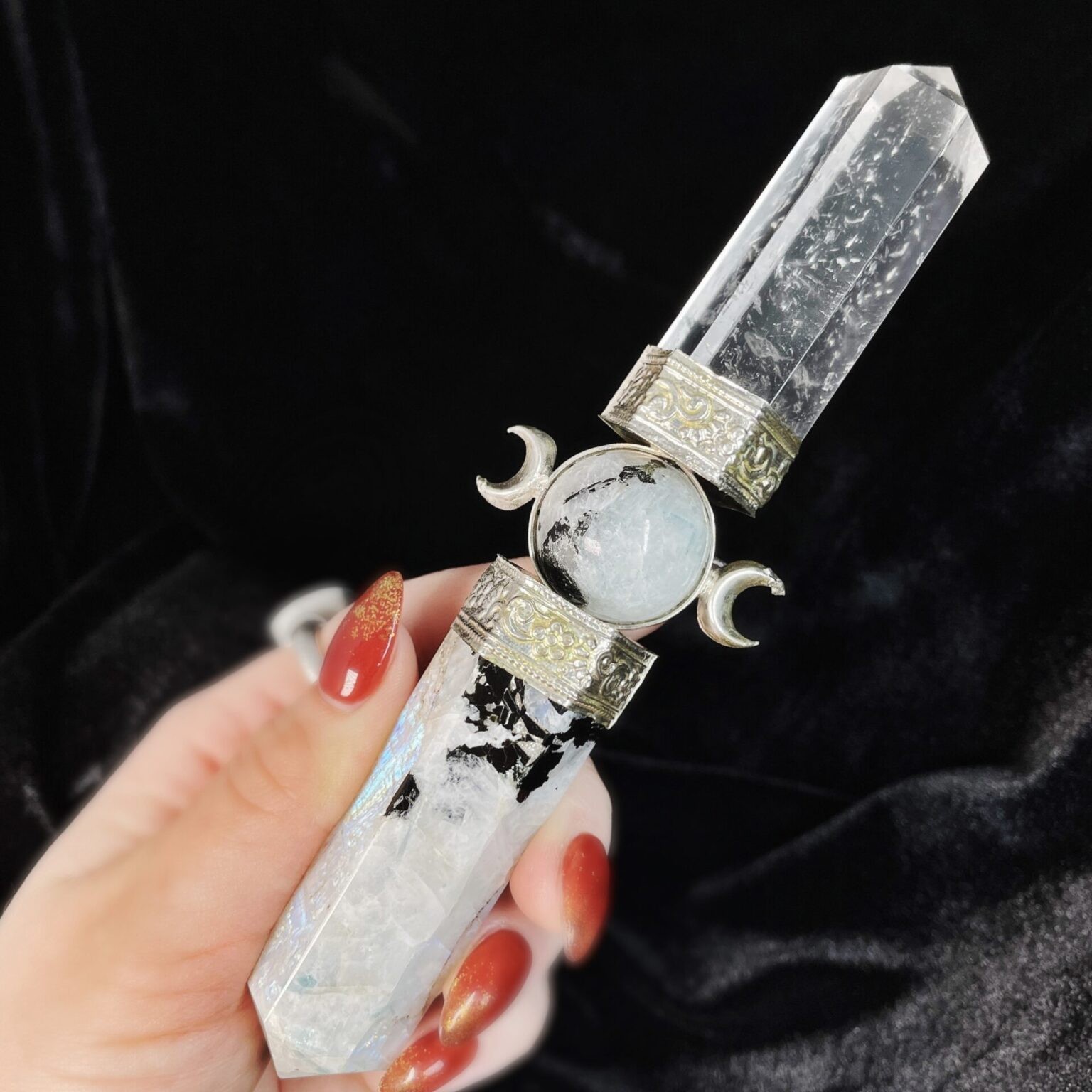 Sage Goddess Triple Moon Clear Quartz and Rainbow Moonstone Wand