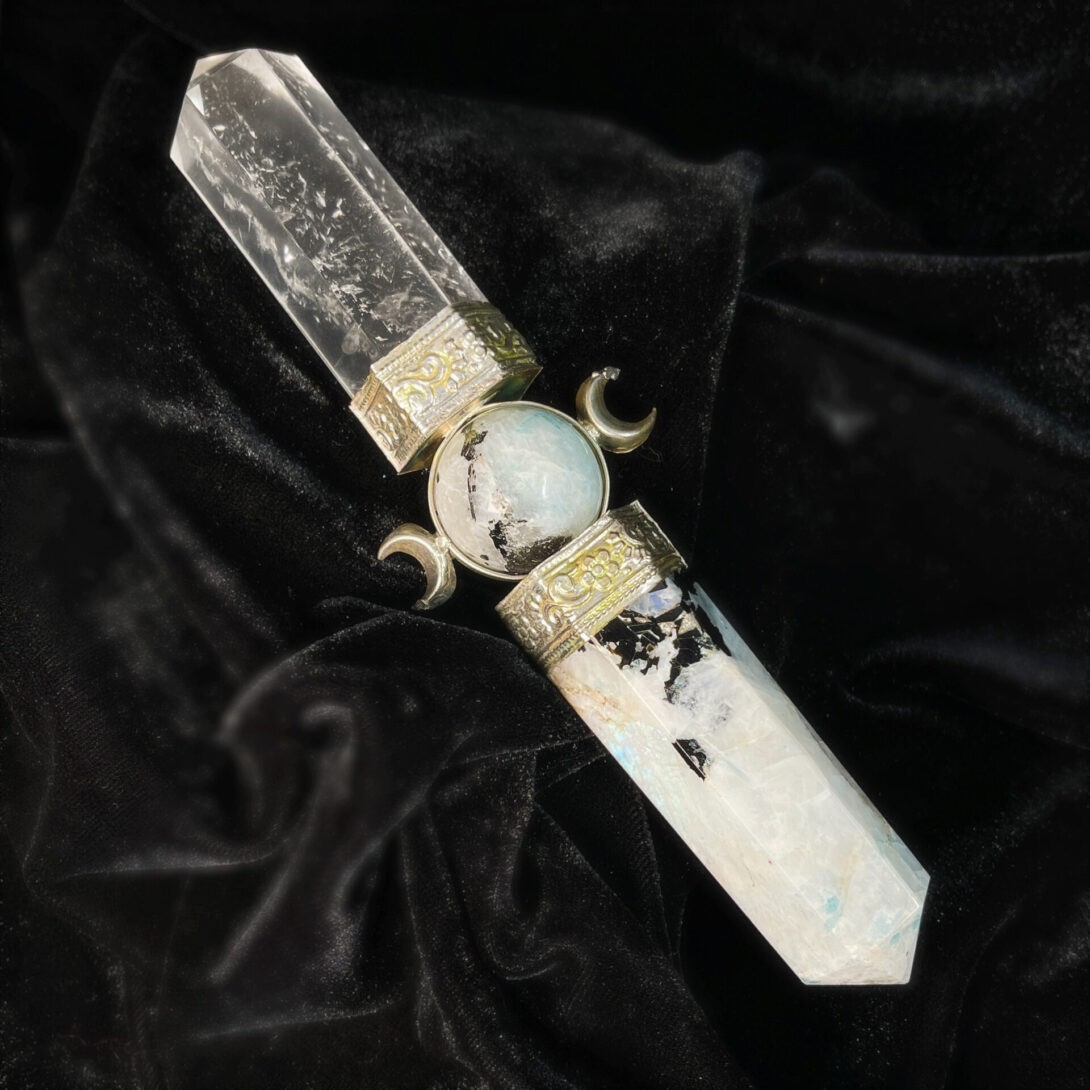 Sage Goddess Triple Moon Clear Quartz and Rainbow Moonstone Wand