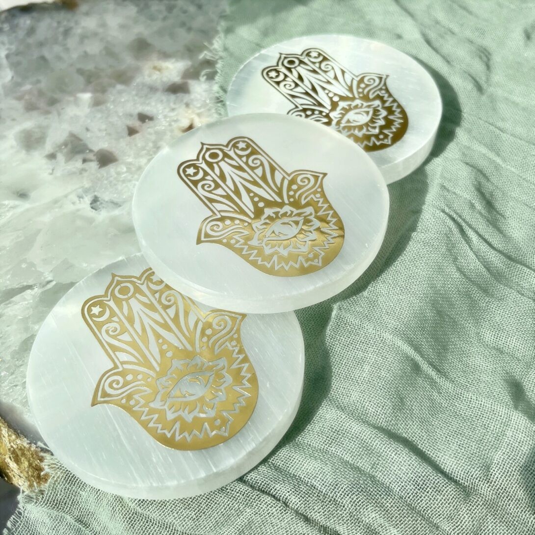 Hamsa Hand Selenite Altar Plate for white light protection - Sage Goddess