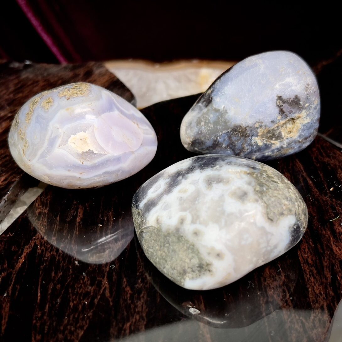 Home Shop Gems & Minerals Tumbled Purple Chalcedony in Moss Agate
