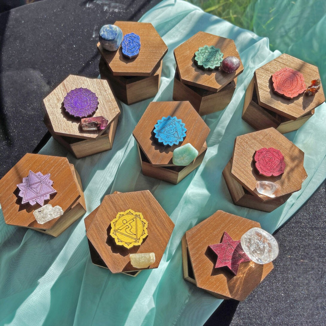 Sage Goddess Wooden Chakra Box with Gemstone for alignment